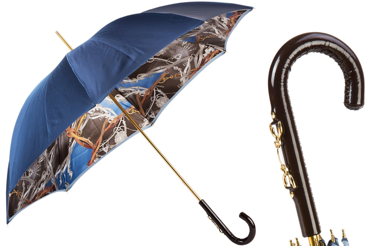Pasotti Navy Umbrella with Bridles Print, Double Cloth - Leather Handle ...