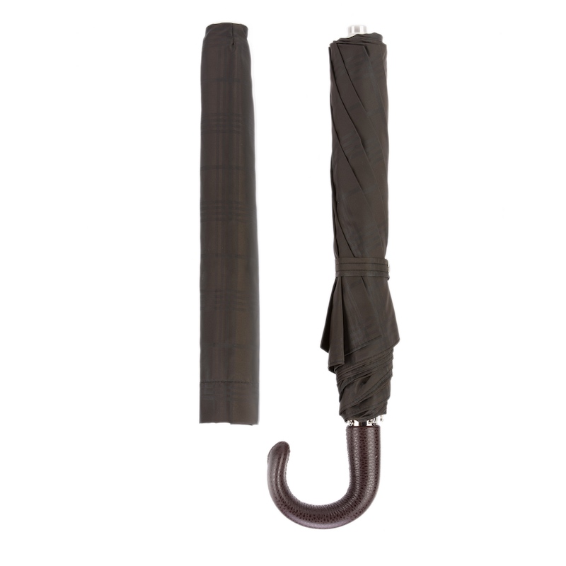 Pasotti Brown Check Umbrella with Leather Handle - Check Umbrellas