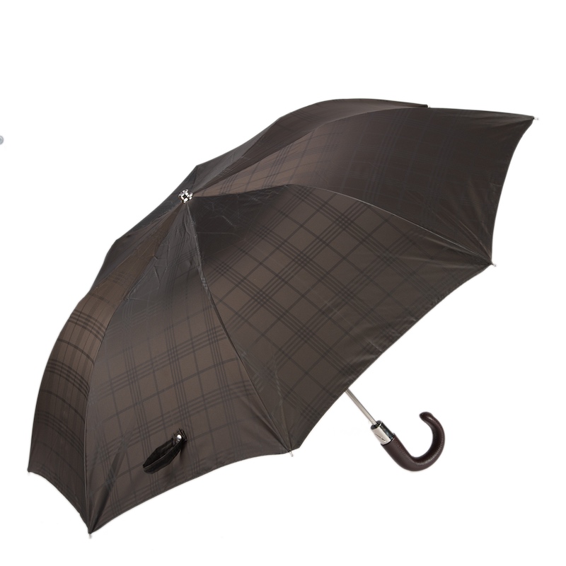 Pasotti Brown Check Umbrella with Leather Handle - Check Umbrellas